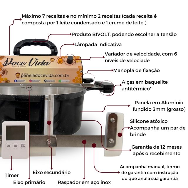 Panela Mexedora 30cm 6l + Virador + Placa + Panela Extra | Panela Doce Vida