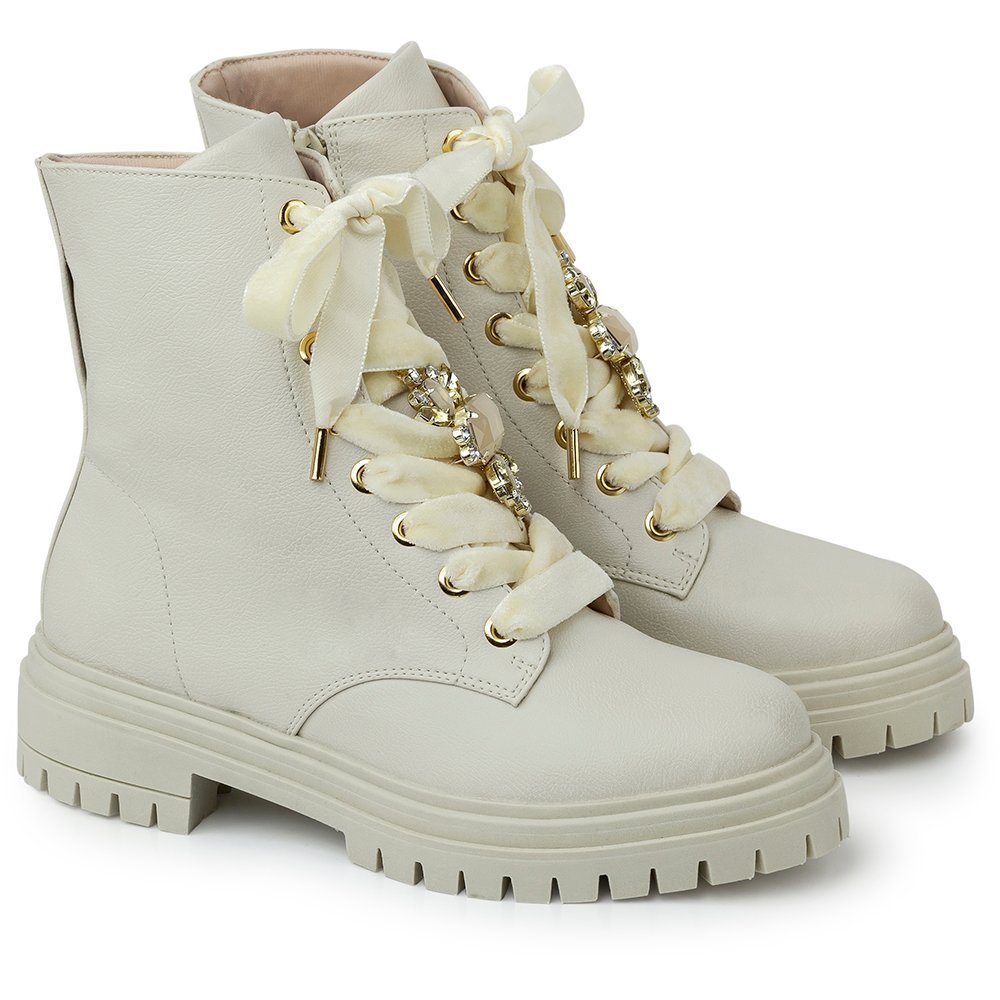 Bota Rock It Coturno Bege Pedraria Removível Cadarço em Veludo | Adoro It