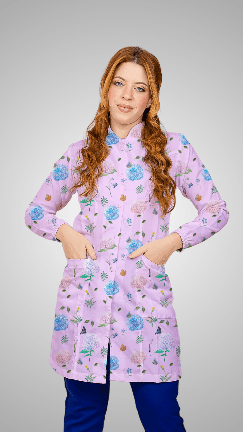 Jaleco Gola Padre - Oxford - Floral Hortencia - Fundo Lilas | Manga ...