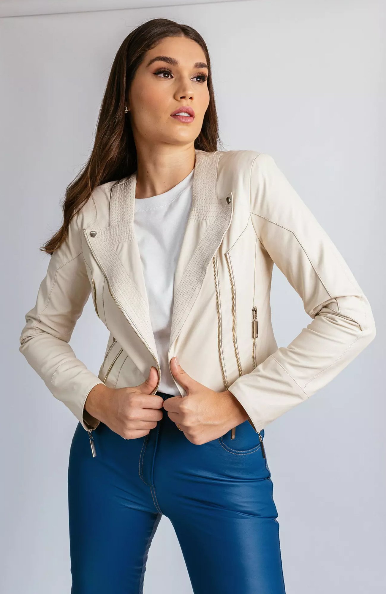 Jaqueta Perfecto de Couro - Sarah - Off White | Castanho Moda