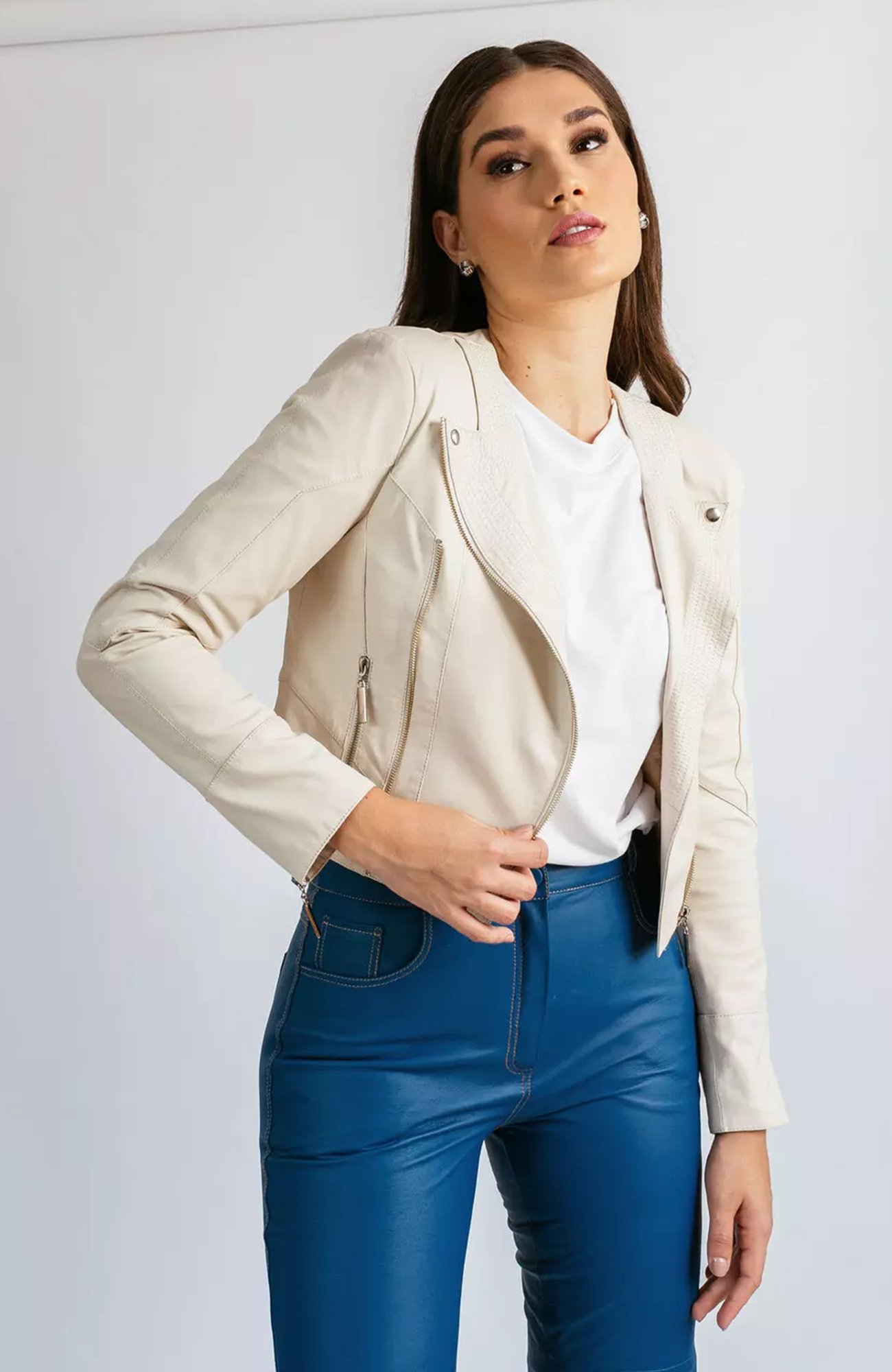 Jaqueta Perfecto de Couro - Sarah - Off White | Castanho Moda