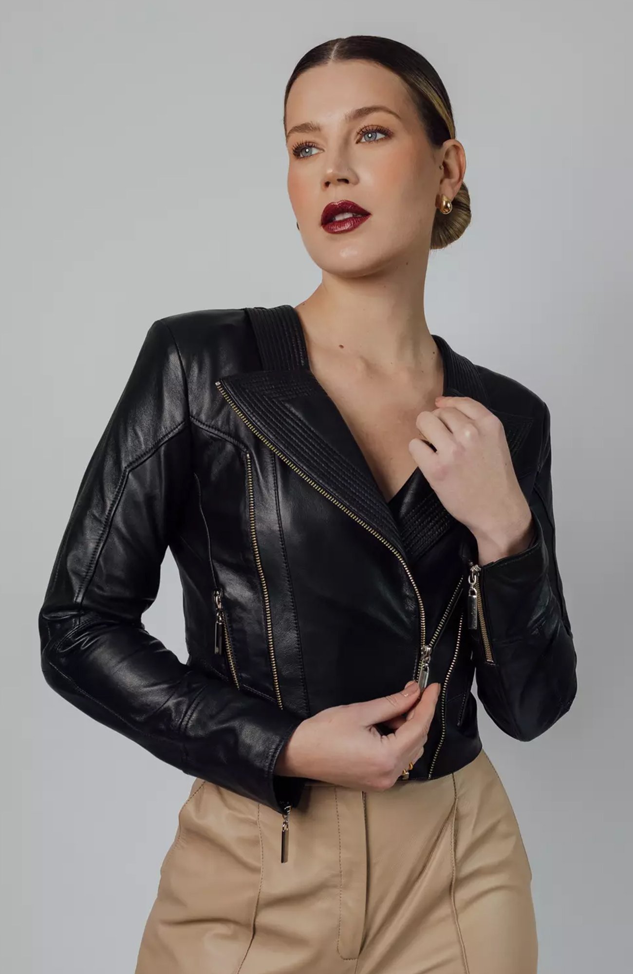 Jaqueta Perfecto de Couro - Sarah - Preto | Castanho Moda