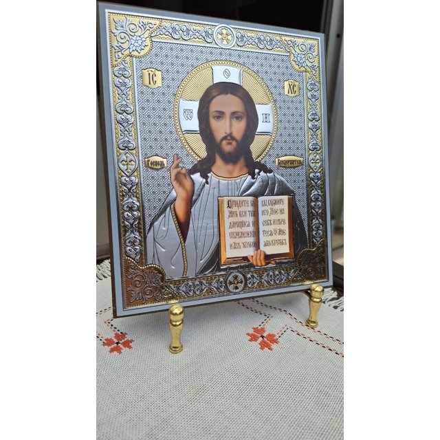 Ícone Cristo Salvador (prata com relevo) 18x15 cm | Philokalia Ícones