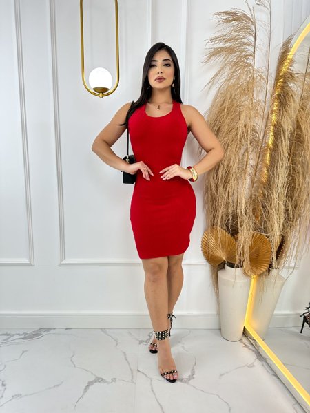 Vestido Regata Curto Canelado Slim Com Detalhe X Nas Costas e Amarração ...