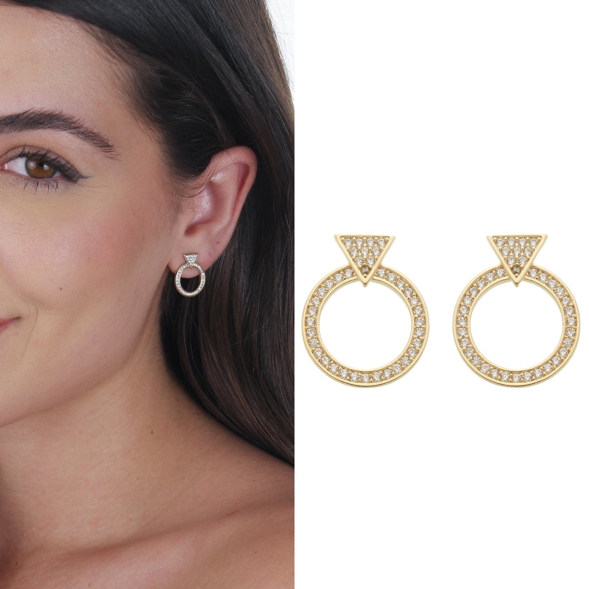 Brinco Redondo Vasado Base triangulo Pedras Zircônias Semi Joia Banhado ...