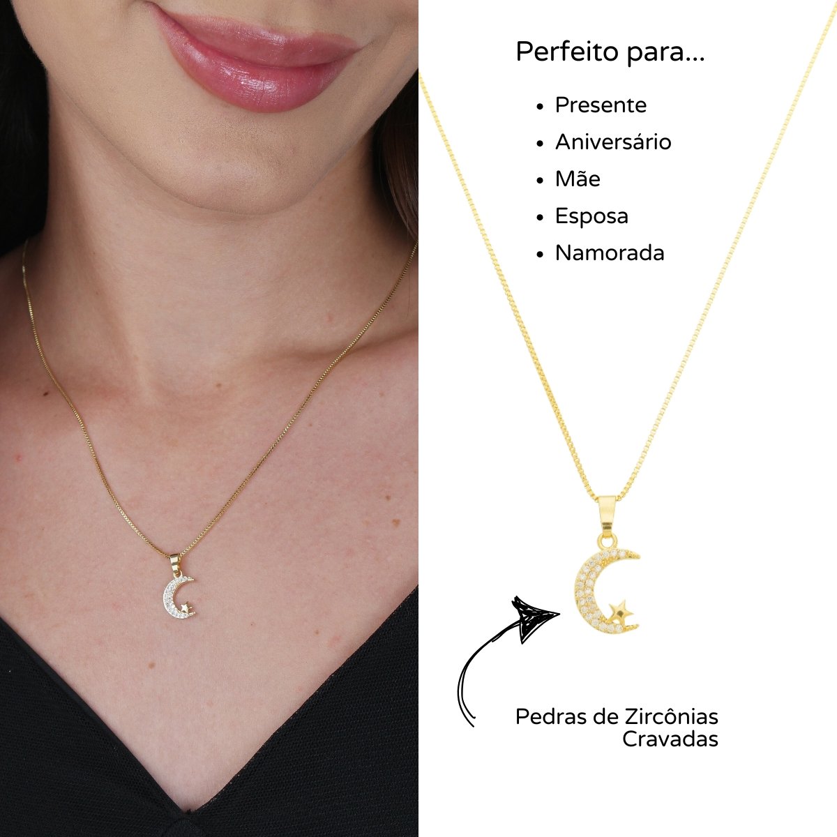 Colar de Lua com Pedras Zircônias Cravejadas Banhado Ouro 18k | Stella ...