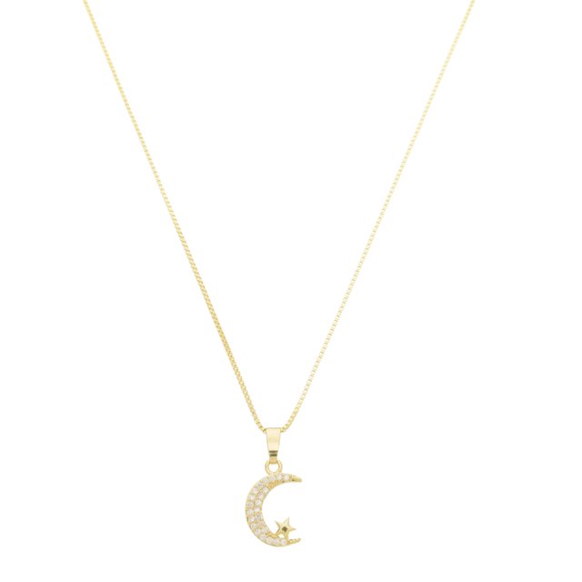 Colar de Lua com Pedras Zircônias Cravejadas Banhado Ouro 18k | Stella ...
