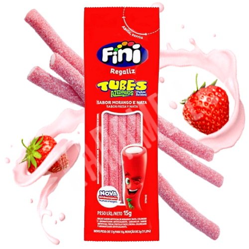 Balas Tubes Azedinhos Sabor Morango e Nata 15g - Fini | Karamell Store