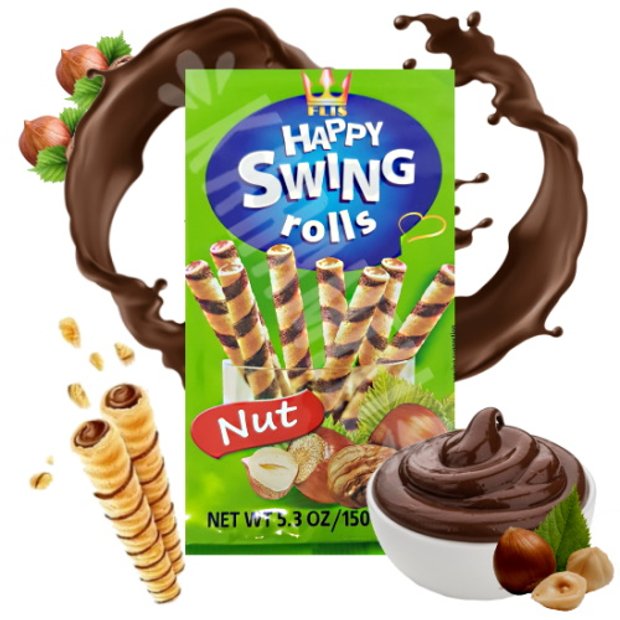 Biscoitos Wafers Happy Swing Rolls Nut- Flis - Polônia | Karamell Store