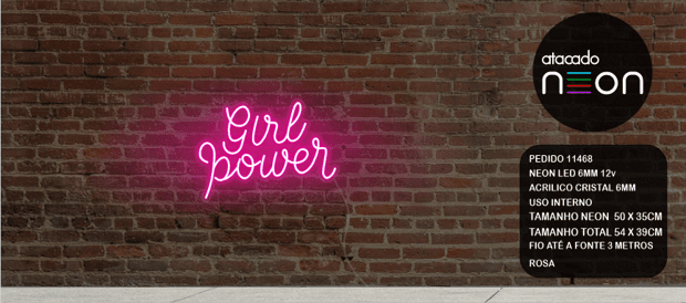Placa Luminária Neon Led - GIRL POWER - 35x50cm | Atacado neon