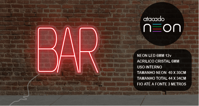 Placa Luminária Neon Led - BAR - 30x40cm | Atacado neon