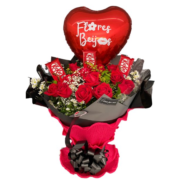 BUQUE BLACK COM BALAO E KIT KAT | Ikebana Floricultura