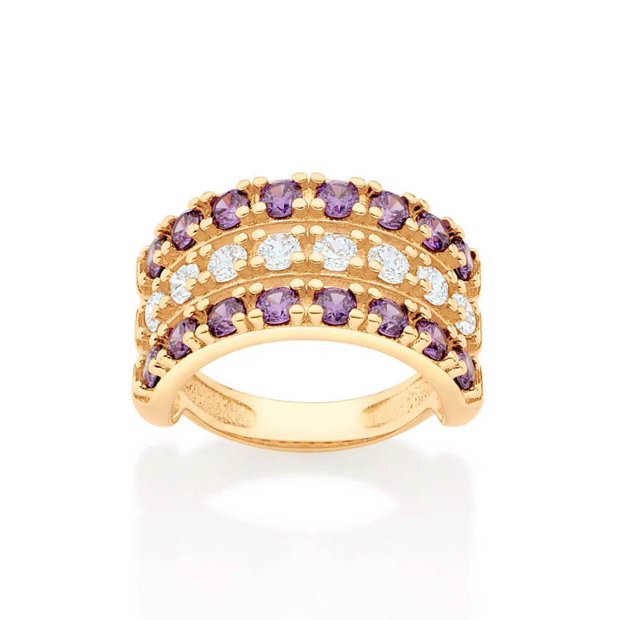 Anel Rommanel Banhado Ouro 18k Triplo Zircônias Branco e Lilás 513250 ...