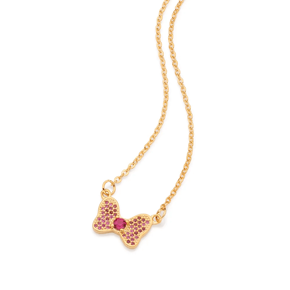 Colar Rommanel Banhado Ouro 18k Laço Minnie Cristais Rosa Disney 532496 ...