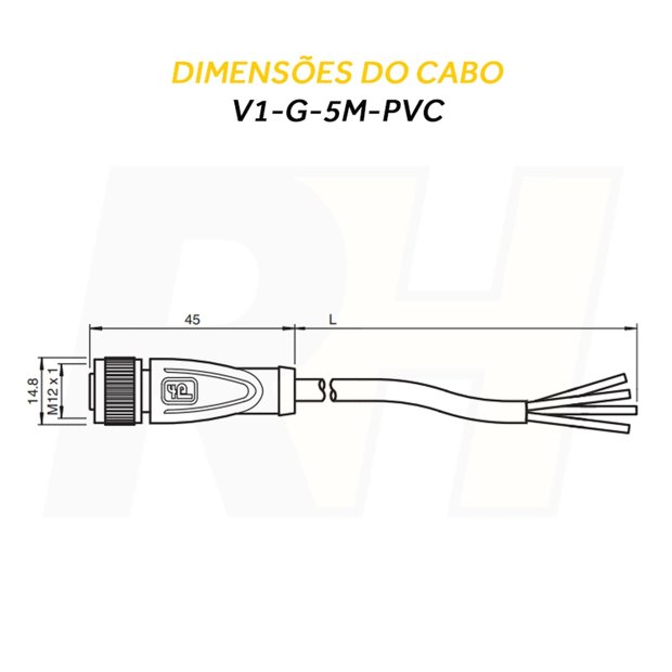 Cabo 5m com Conector M12 180º / 4 vias - V1-G-5M-PVC | Heldt Soluções ...