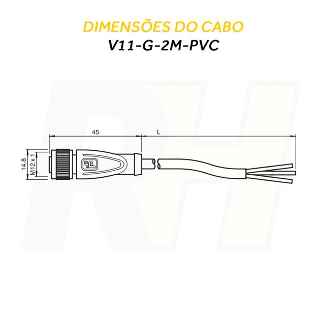 Cabo de 2m com Conector M12 180º / 3 vias - V11-G-2M-PVC | RH Materiais ...