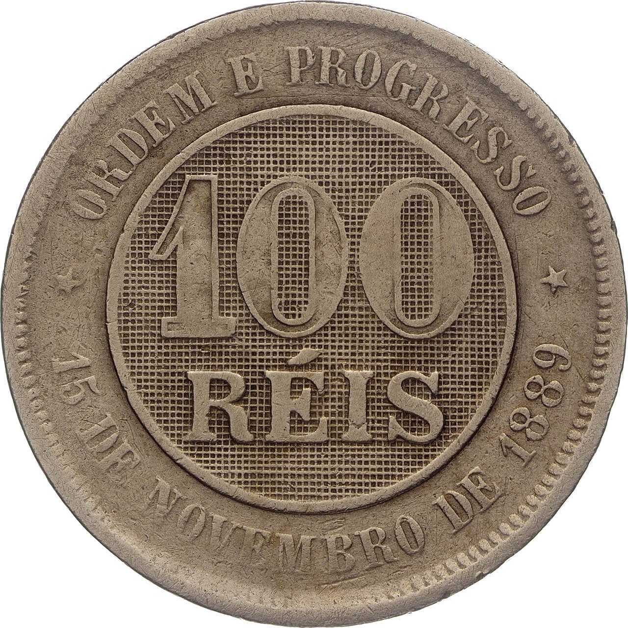 Moeda de 100 réis de 1889 (2º tipo da República - Reverso: fundo ...