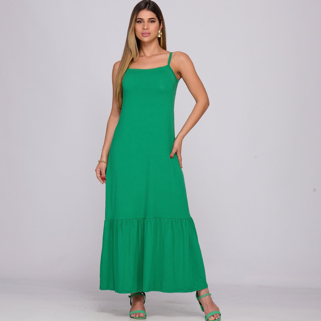 Vestido Longo de Alças Finas e Barra Rodada B’Bonnie Muriel Verde ...