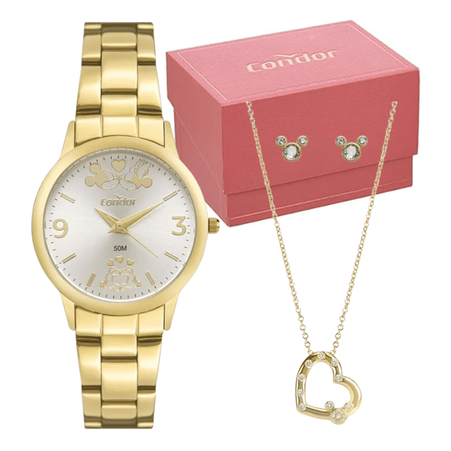 KIT RELÓGIO FEMININO CONDOR DISNEY DOURADO + BRINCO E CORDÃO CO2035NHG ...