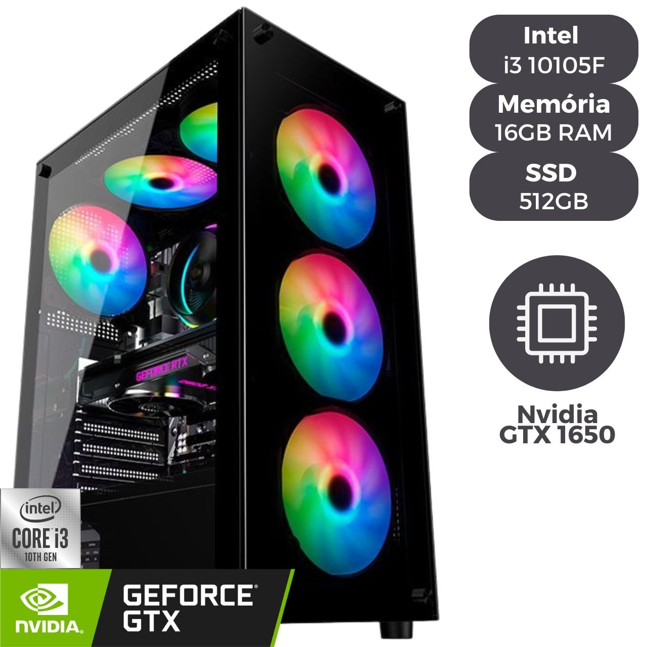 PC Gamer com Processador Intel Core I3-10105F, Galax GTX1650, 16GB de Memória, SSD M.2 512GB ...