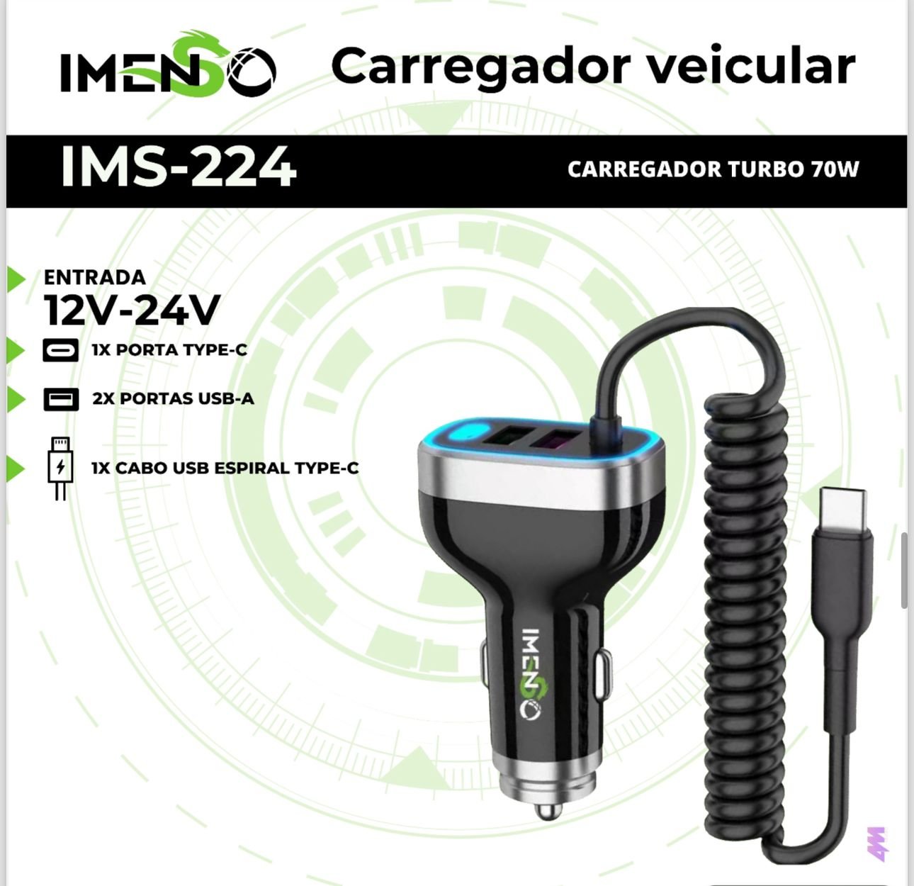 CARREGADOR PARA CARRO TYPE-C 70W IMENSO IMS-224 | GRUPO YMA