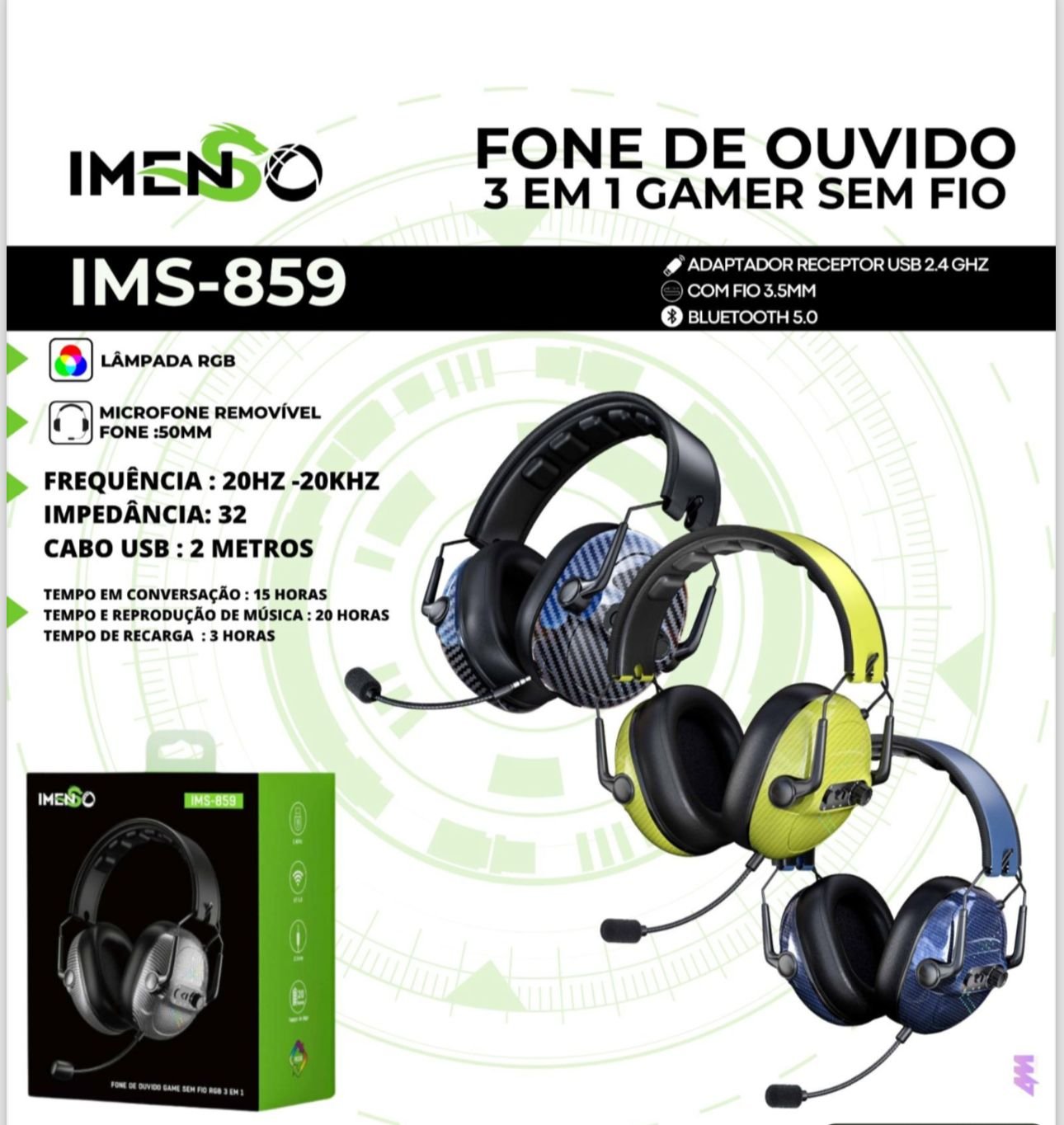 FONE DE OUVIDO GAME SEM FIO PRETO IMENSO 3 EM 1 IMS-859 | GRUPO YMA