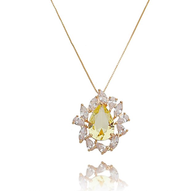Colar de Festa Gota Amarela e Zircônia Cristal Semijoia Ouro Rosé ...