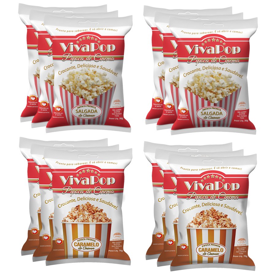 Kit 12 Pipocas Prontas - 6 Caramelo / 6 Tradicional Salgada | VivaPop