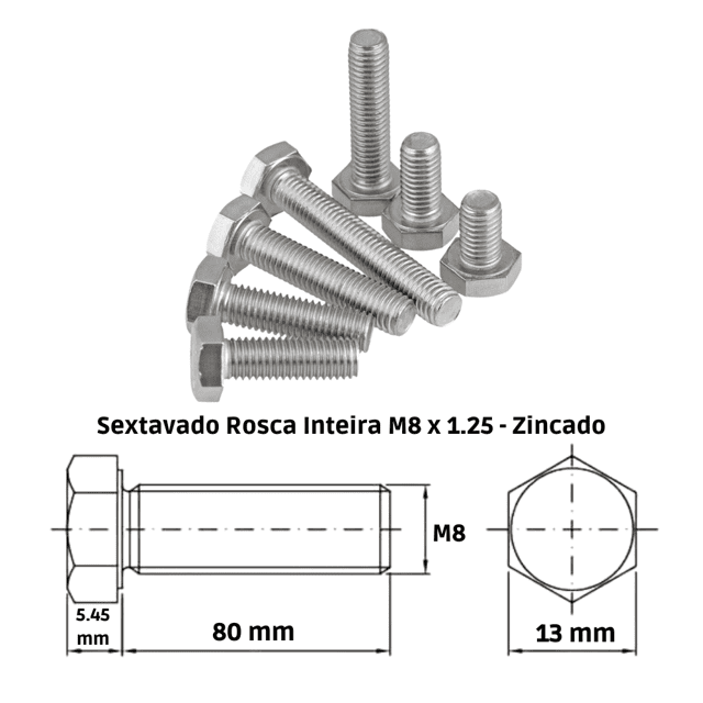 Parafuso Sextavado de Ferro Rosca Inteira M8x80 | Madeiras Yervant
