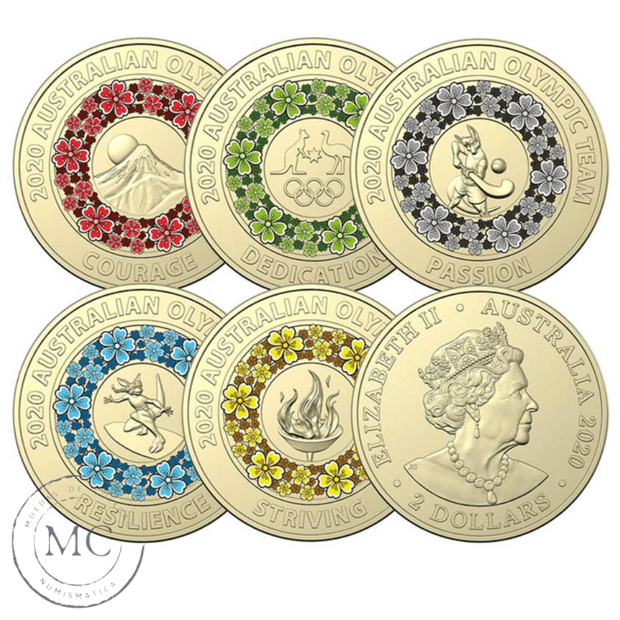 Austrália set 2 dólares 2020 - Jogos Olímpicos de Tóquio coloridas 5 ...
