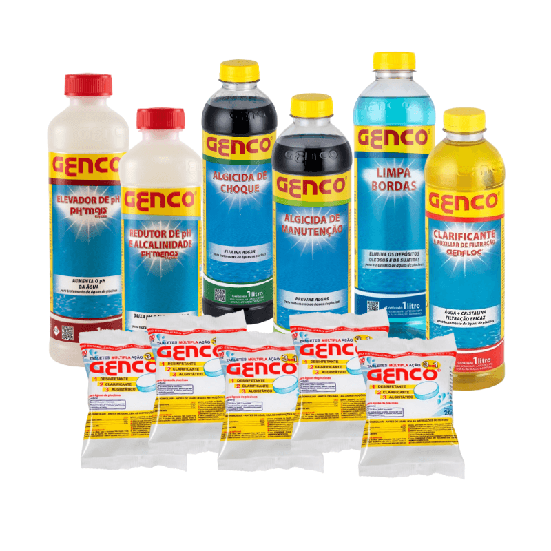 KIT ALGICIDA DE MANUTENÇÃO + GENFLOC + ALGICIDA DE CHOQUE + LIMPA BORDA ...