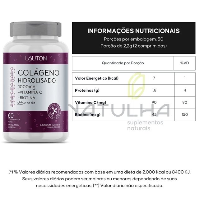 KIT 2X Colágeno Hidrolisado Com Vitamina C e Biotina 60 comprimidos - Lauton | Natulha