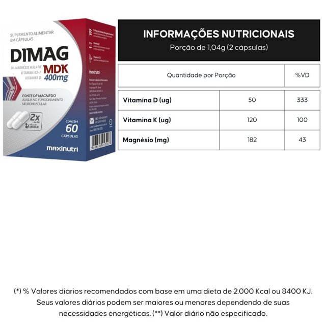 KIT 2X Dimag MDK ( Magnésio Dimalato + Vitaminas D3 e k2) 60 cáps - Maxinutri | Natulha