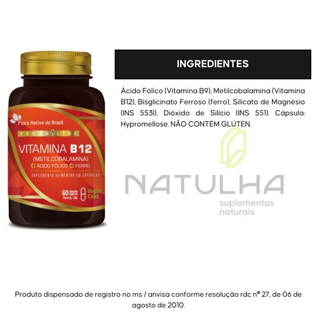 Vitamina B12 + Ferro + Ácido Fólico Vegano 60 Cápsulas Flora Nativa ... Vitamina B12 + Ferro + Ácido Fólico Vegano 60 Cápsulas Flora Nativa ...