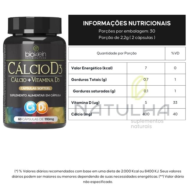 Cálcio D3 (Cálcio + Vitamina D3) 60 cápsulas - Bioklein | Natulha