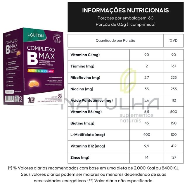 Complexo B Max (Vitaminas complexo B) 60 comprimidos - Lauton | Natulha