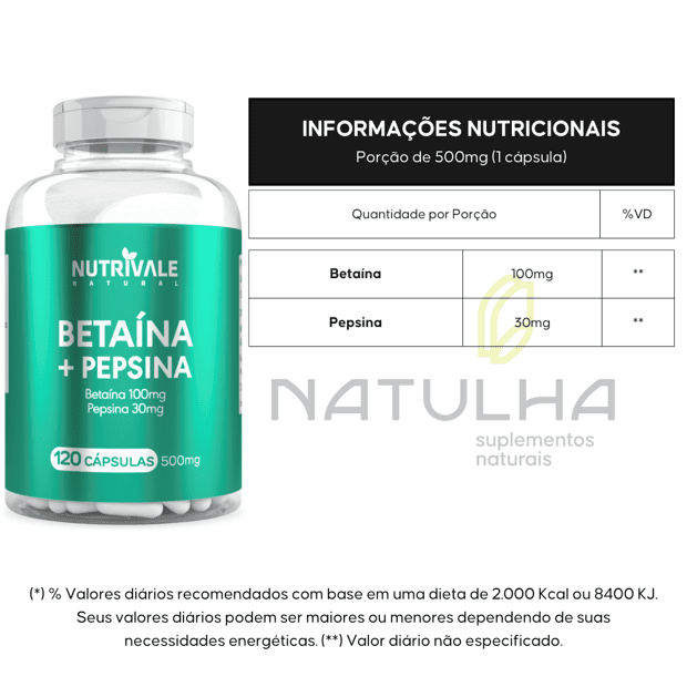 KIT 2 potes de Betaína 100mg + Pepsina 30mg 120 cápsulas - Nutrivale ...