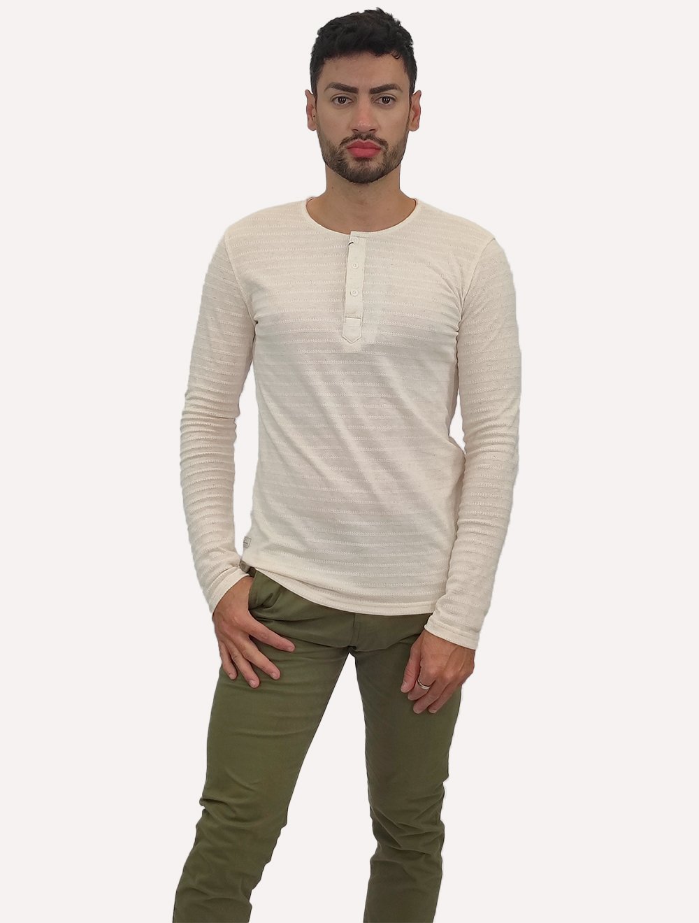 Camisa King & Joe Bata Masculina Manga Longa Henley Linho Off-White | Secret Outlet