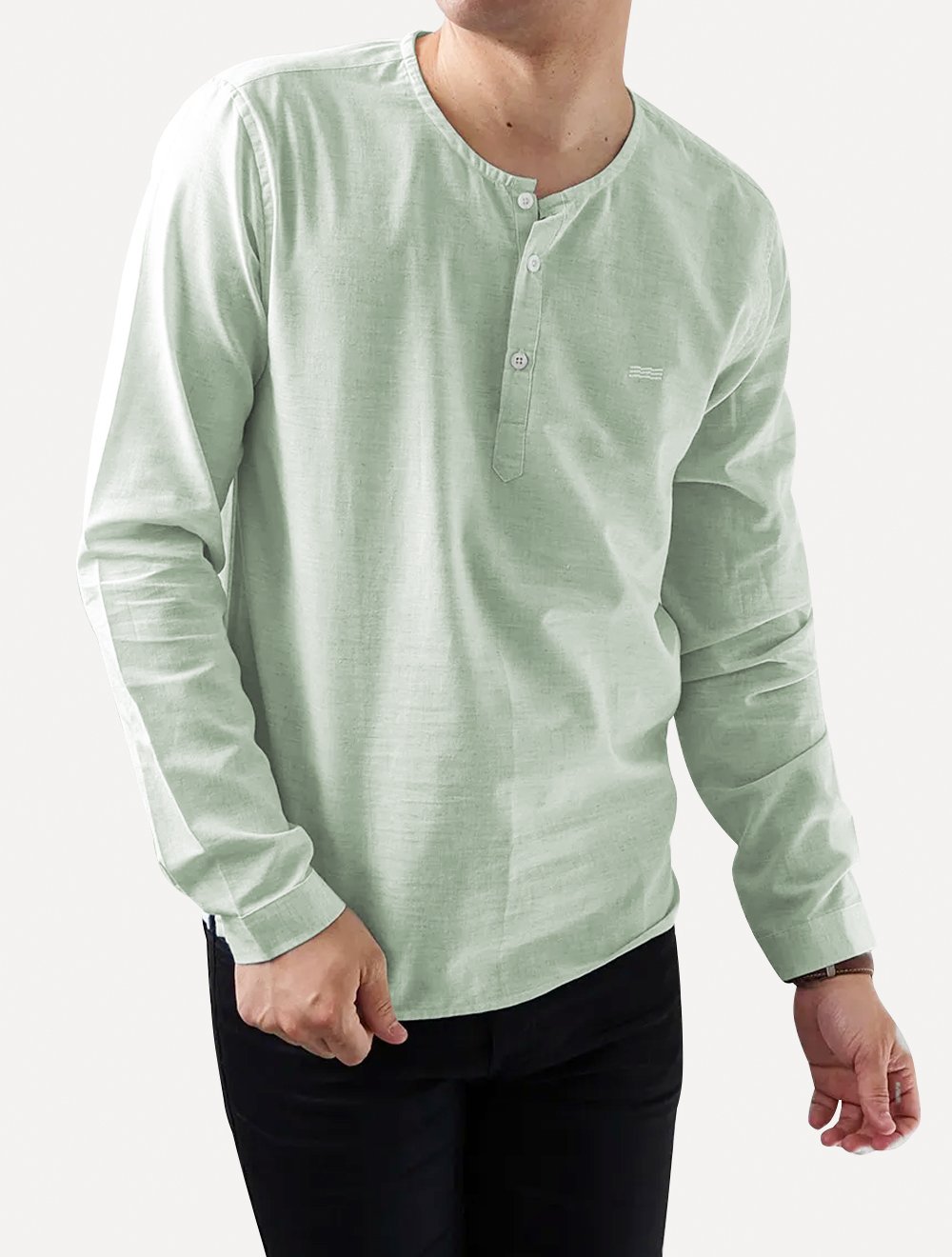 Camisa King & Joe Bata Masculina Manga Longa Henley Verde Claro Mescla | Secret Outlet