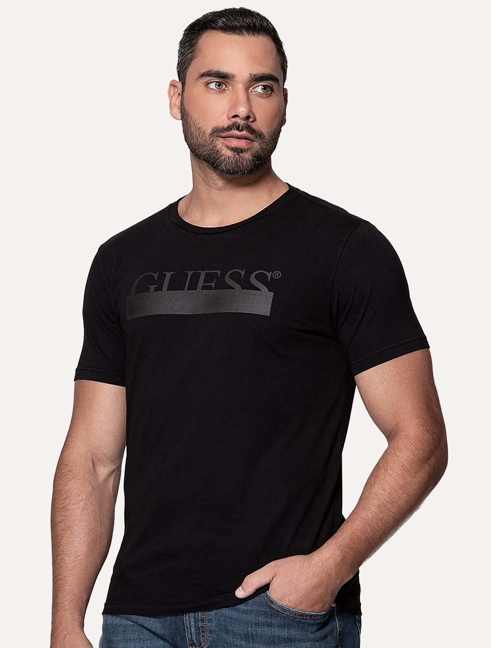 Camiseta Guess Masculina Rubber Logo Sash Preta | Secret Outlet