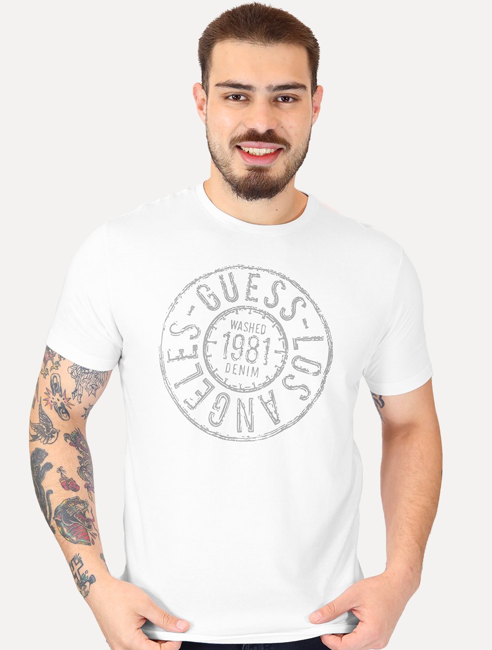 Camiseta Guess Masculina Washed Stamp Branca | Secret Outlet
