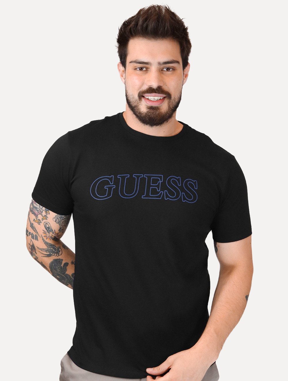 Camiseta Guess Masculina Outline Blue Logo Preta | Secret Outlet