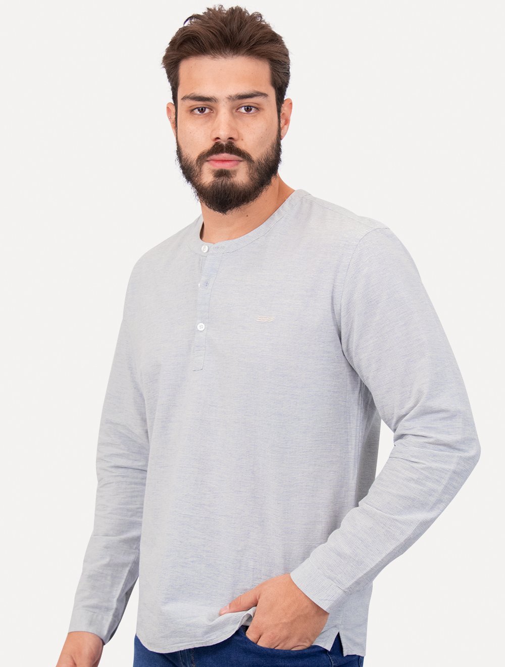 Camisa King & Joe Bata Masculina Manga Longa Henley Mini Listrada Azul | Secret Outlet