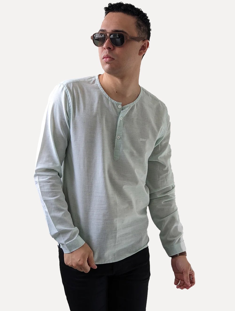 Camisa King & Joe Bata Masculina Manga Longa Henley Mini Listrada Azul | Secret Outlet