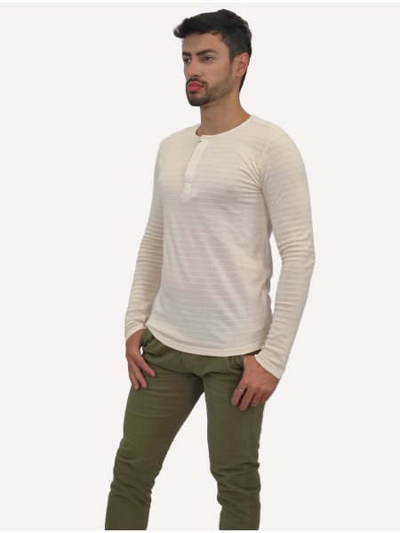 Camisa King & Joe Bata Masculina Manga Longa Henley Linho Off-White | Secret Outlet