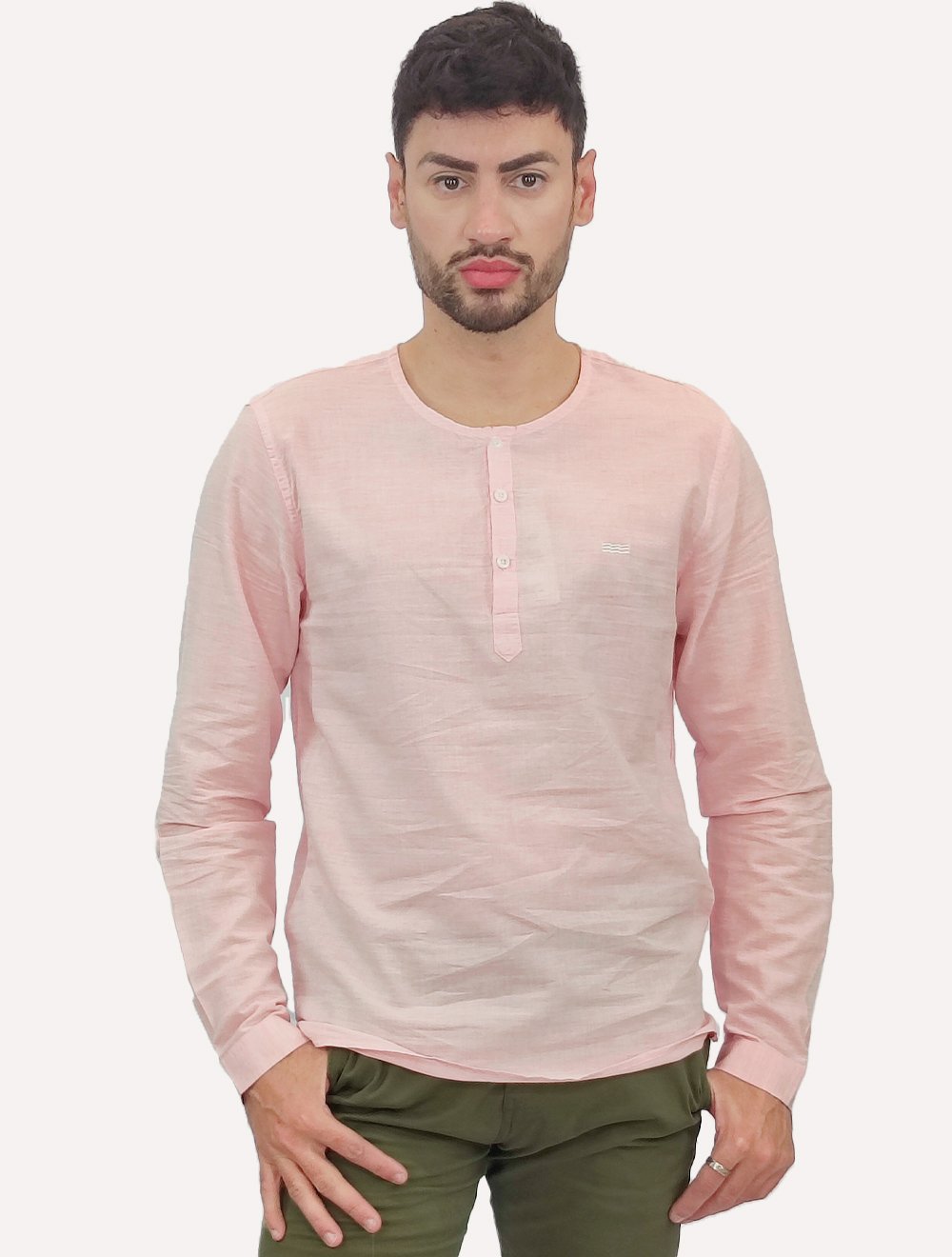 Camiseta King & Joe Bata Masculina Manga Longa Henley Rosa Claro Mescla | Secret Outlet