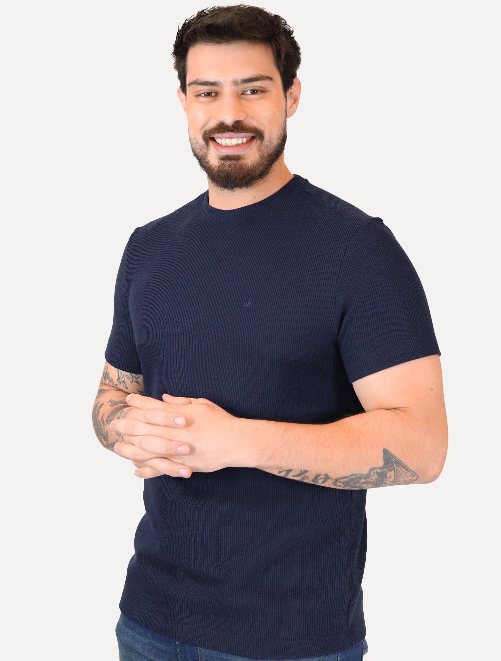 Camiseta Calvin Klein Masculina Canelada Mono Logo Azul Marinho ...