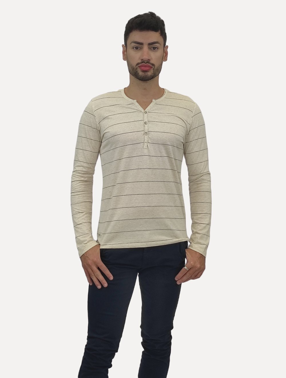 Camisa King & Joe Bata Masculina Manga Longa Henley Listrada Off-White | Secret Outlet