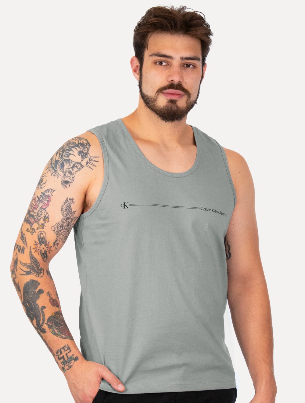 Regata Calvin Klein Jeans Masculina Sustainable CK Outline Palito Cinza ...