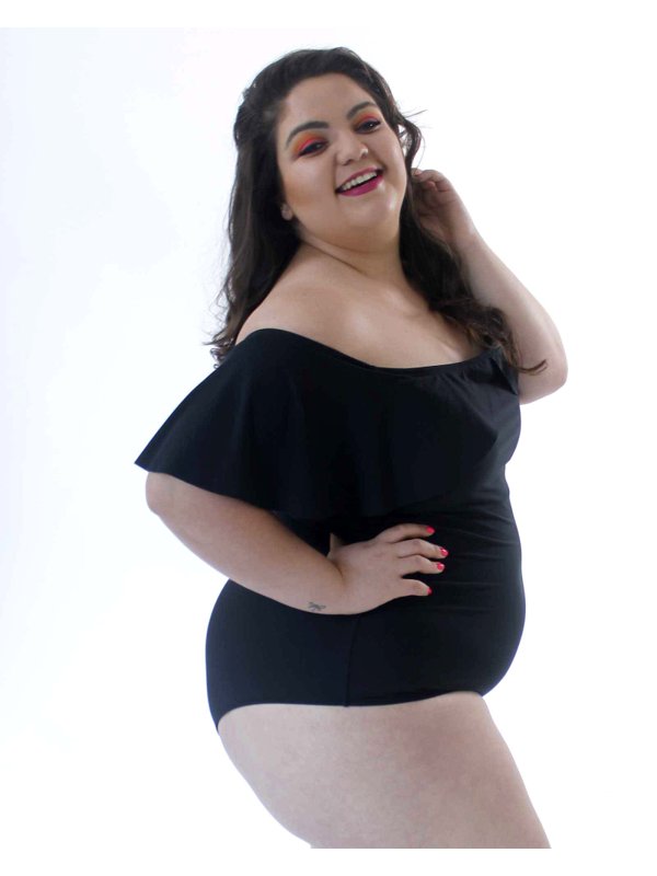 Maiô Plus Size Ciganinha Com Bojo Removível Preto Feminina Plus Size